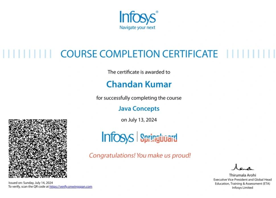 Completed Java programming course! | Chandan Kumar posted on the topic ... Completed Java programming course! | Chandan Kumar posted on the topic ...