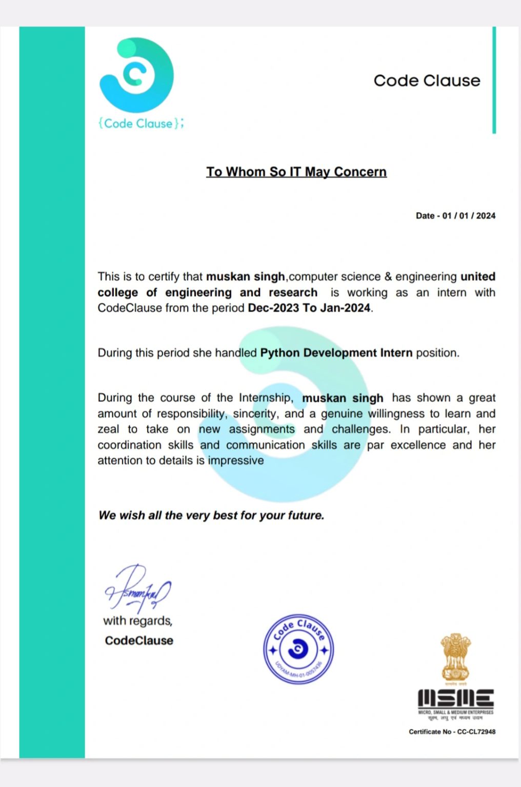 Received my Python internship certificate from CodeClause | Muskan ... Received my Python internship certificate from CodeClause | Muskan ...