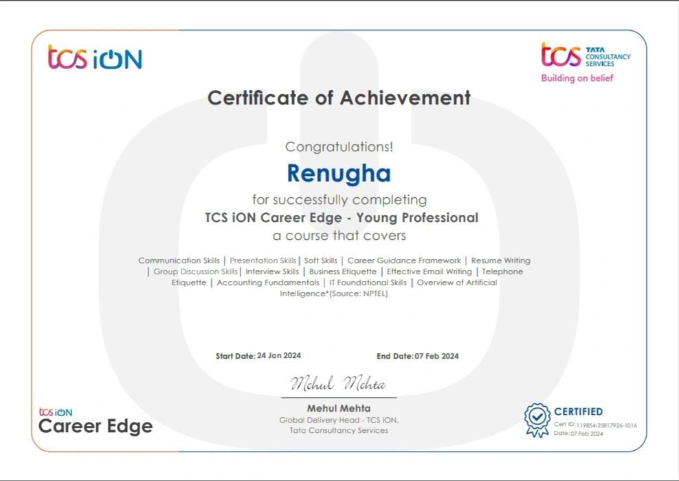 Renugha P on LinkedIn: #tcs #tcsioncareeredge Renugha P on LinkedIn: #tcs #tcsioncareeredge