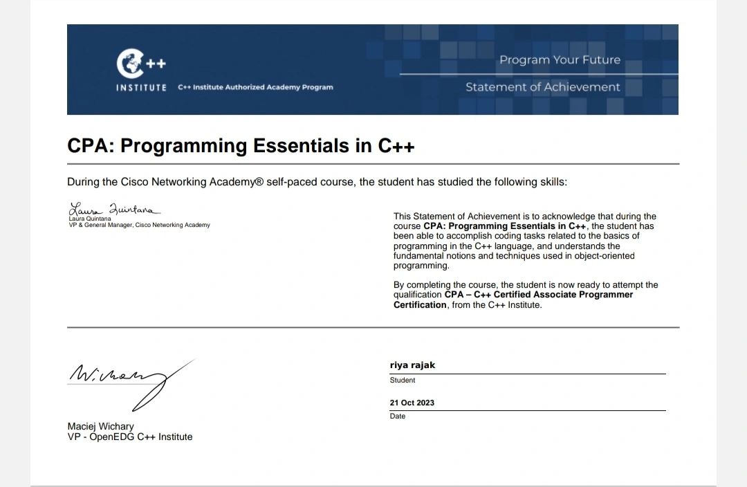 Riya Rajak on LinkedIn: #ciscocertified #cplusplus #professionaldevelopment Riya Rajak on LinkedIn: #ciscocertified #cplusplus #professionaldevelopment