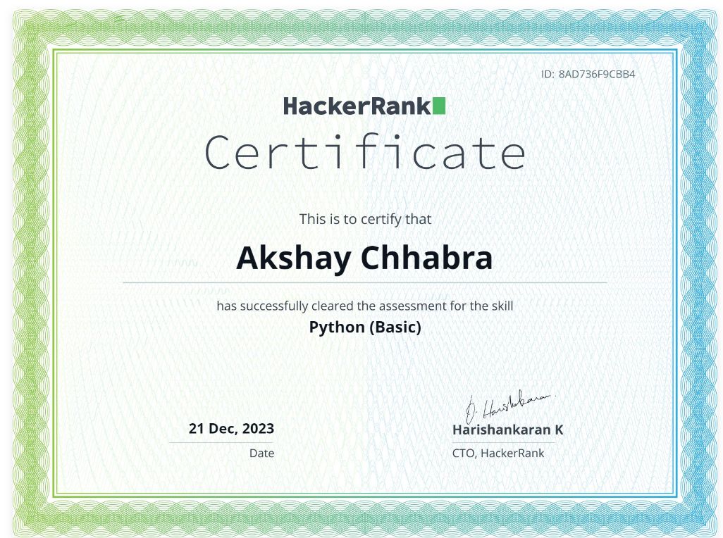 Earned Python Certification from HackerRank! | Akshay Kumar posted on ... Earned Python Certification from HackerRank! | Akshay Kumar posted on ...