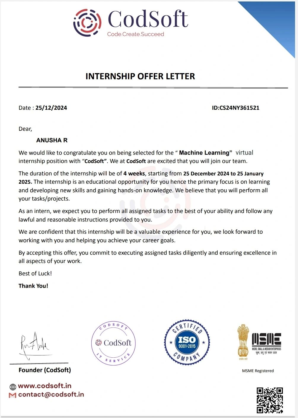 Anusha Rajesh on LinkedIn: #internship #codsoft Anusha Rajesh on LinkedIn: #internship #codsoft