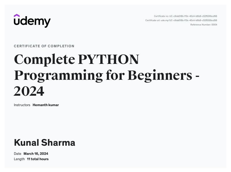 Kunal Sharma on LinkedIn: #python #programming #certificate Kunal Sharma on LinkedIn: #python #programming #certificate