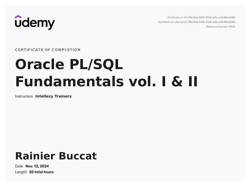 Rainier Buccat on LinkedIn: Oracle PLSQL Fundamentals vol I & II ... Rainier Buccat on LinkedIn: Oracle PLSQL Fundamentals vol I & II ...