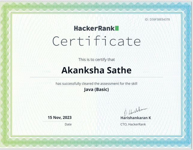 Earned HackerRank Certificate for Java | Akanksha Sathe posted on the ... Earned HackerRank Certificate for Java | Akanksha Sathe posted on the ...
