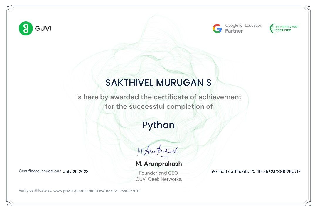 SAKTHIVEL MURUGAN S on LinkedIn: #python #guvi #certificatecompletion SAKTHIVEL MURUGAN S on LinkedIn: #python #guvi #certificatecompletion