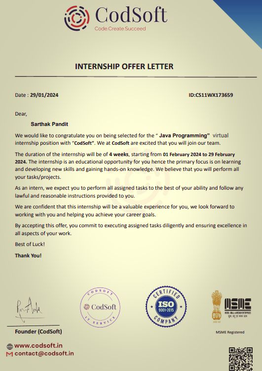 Sarthak Pandit on LinkedIn: #codsoft #codesoftinternship #internship Sarthak Pandit on LinkedIn: #codsoft #codesoftinternship #internship