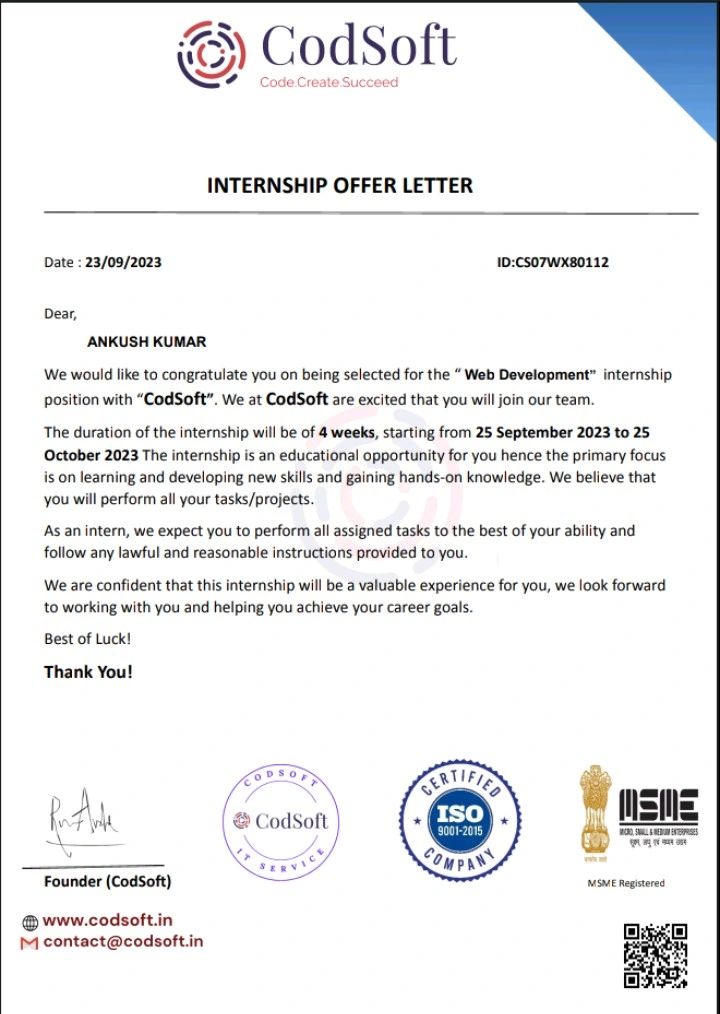Ankush Kumar on LinkedIn: #codsoft #codsoftinternship #codsoft # ... Ankush Kumar on LinkedIn: #codsoft #codsoftinternship #codsoft # ...