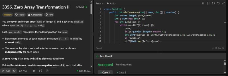 Today I solved LeetCode 3356. Zero Array Transformation II The problem ... Today I solved LeetCode 3356. Zero Array Transformation II The problem ...
