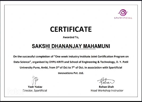 Sakshi Mahamuni on LinkedIn: #dypukriti #spartificial #certified # ... Sakshi Mahamuni on LinkedIn: #dypukriti #spartificial #certified # ...