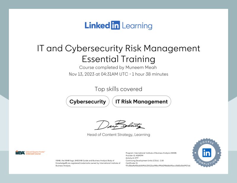 Completed IT and Cybersecurity Risk Management Essential Training ... Completed IT and Cybersecurity Risk Management Essential Training ...