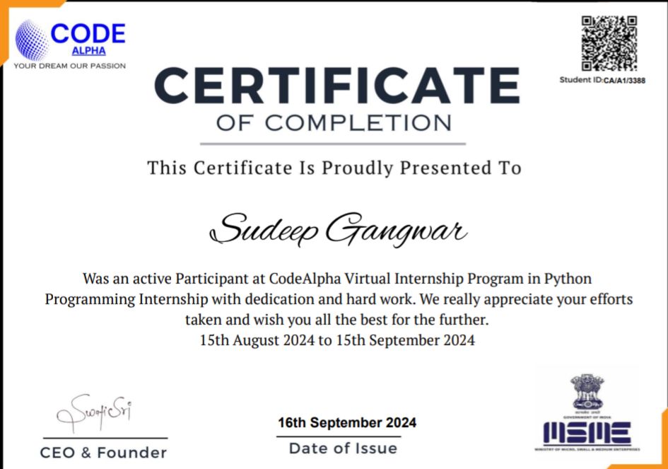Sudeep Gangwar on LinkedIn: #python #internship #codealpha #programming ... Sudeep Gangwar on LinkedIn: #python #internship #codealpha #programming ...