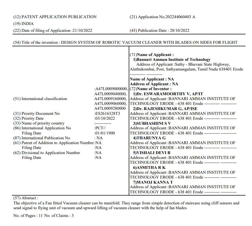SUBHASHINI S V on LinkedIn: #patent #indiapatent #vacuumcleaner #drone SUBHASHINI S V on LinkedIn: #patent #indiapatent #vacuumcleaner #drone