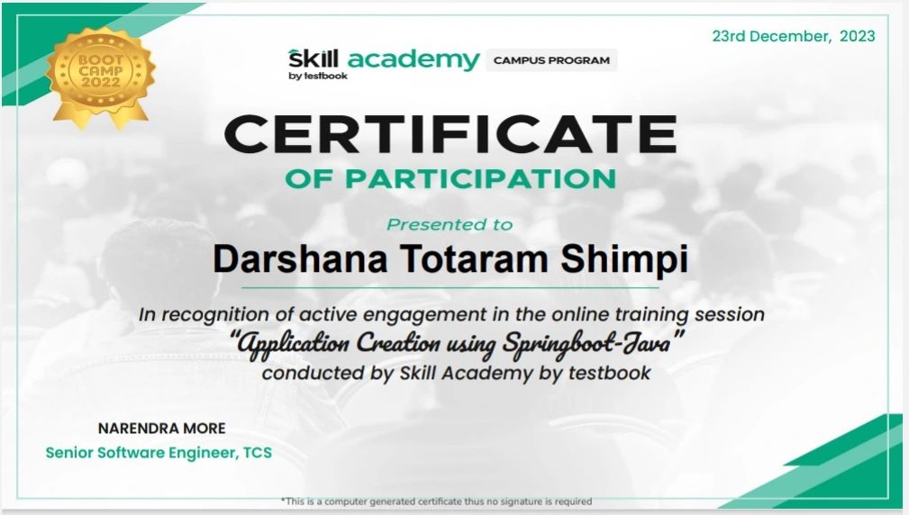 Completed Spring Boot Java course at Skill Academy | Darshana Shimpi ... Completed Spring Boot Java course at Skill Academy | Darshana Shimpi ...