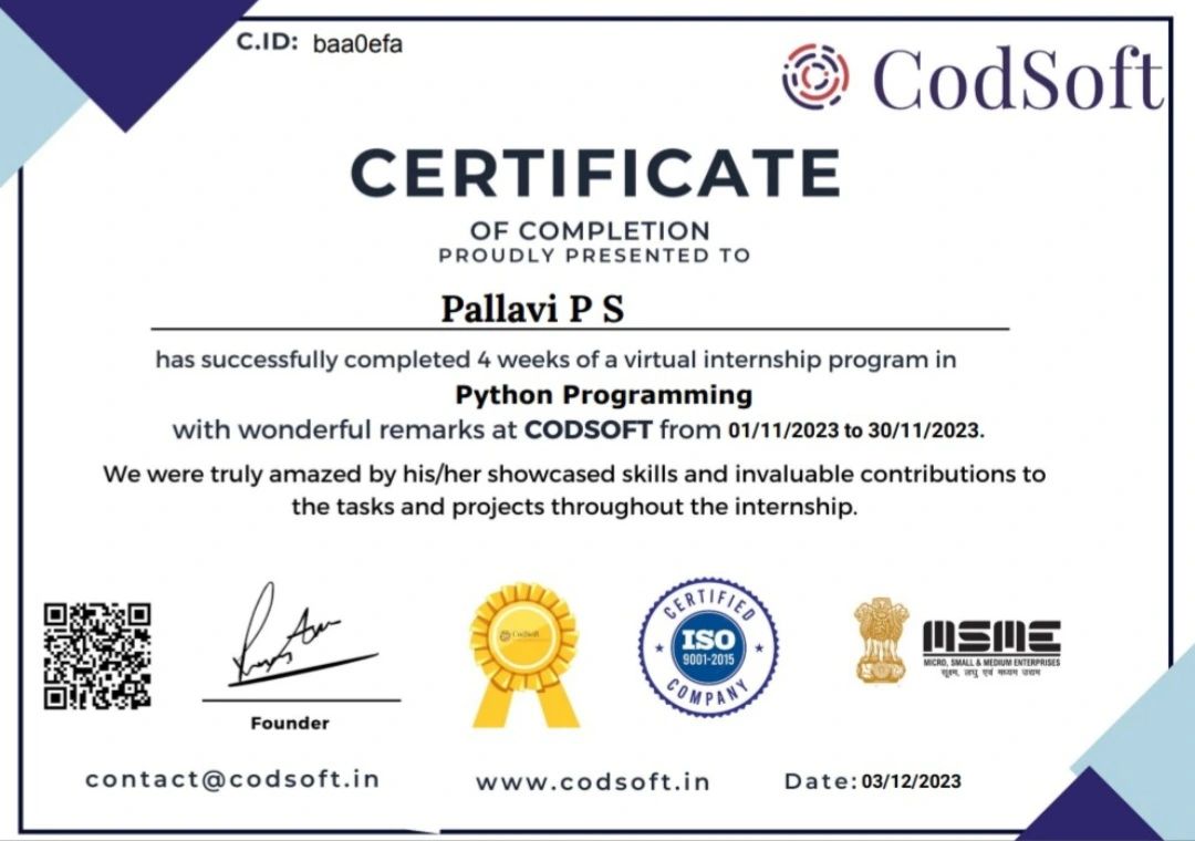Pallavi Ps on LinkedIn: #codesoft #codsoftinternship Pallavi Ps on LinkedIn: #codesoft #codsoftinternship