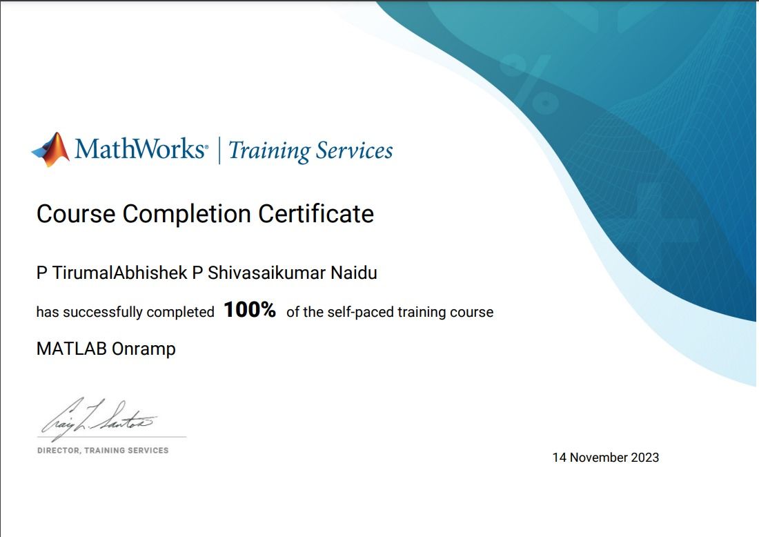 Completed MATLAB ONRAMP course! | P TirumalAbhishek P Shivasaikumar ... Completed MATLAB ONRAMP course! | P TirumalAbhishek P Shivasaikumar ...