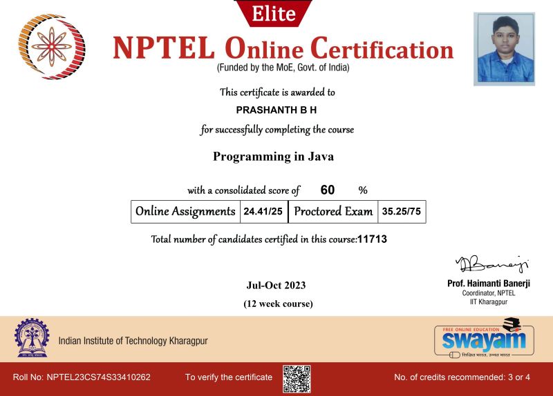 I got a certificate of programming in java | Prashanth B H I got a certificate of programming in java | Prashanth B H