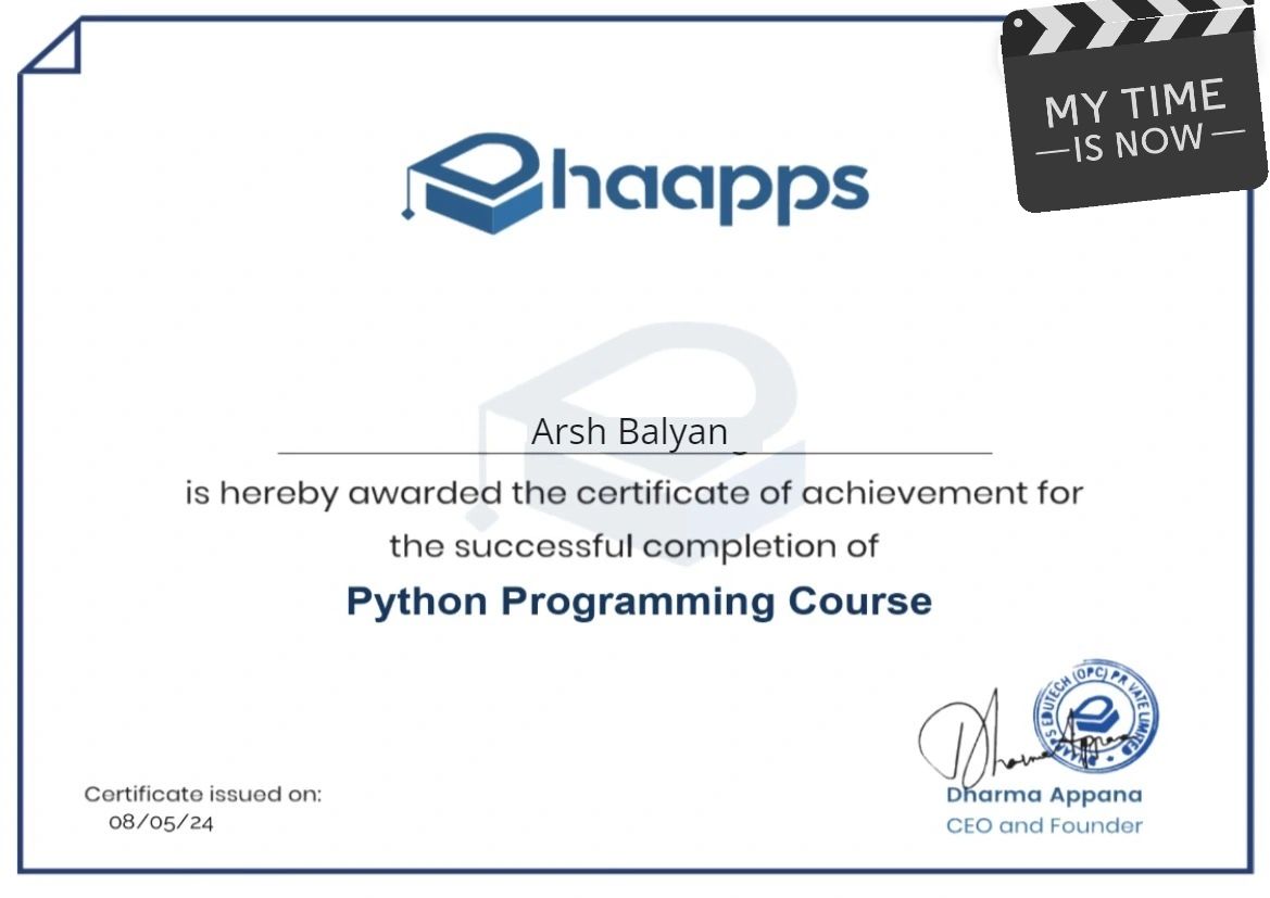 #pythoncertified #firstyearaccomplishment #dhaappsdharmaappana | Arsh ... #pythoncertified #firstyearaccomplishment #dhaappsdharmaappana | Arsh ...