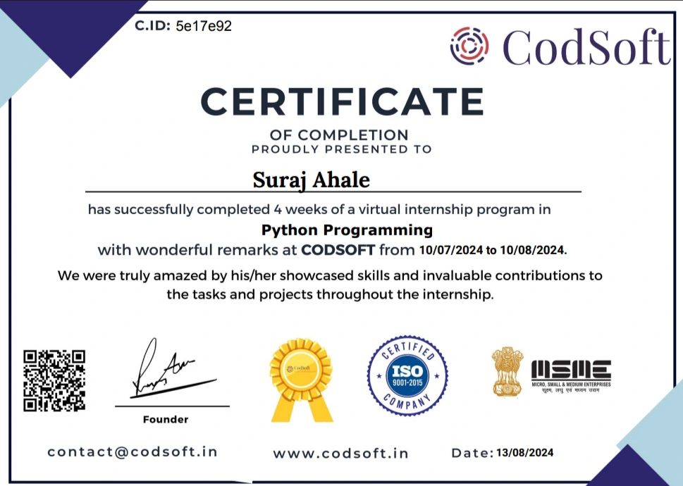 Suraj Ahale on LinkedIn: #python #programming #internship #codsoft # ... Suraj Ahale on LinkedIn: #python #programming #internship #codsoft # ...