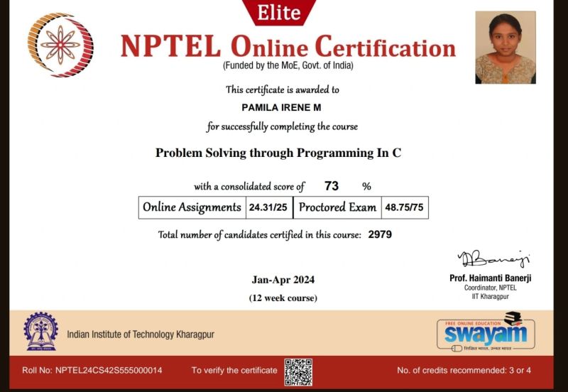 Pamila Irene on LinkedIn: #nptel #certification #programming # ... Pamila Irene on LinkedIn: #nptel #certification #programming # ...