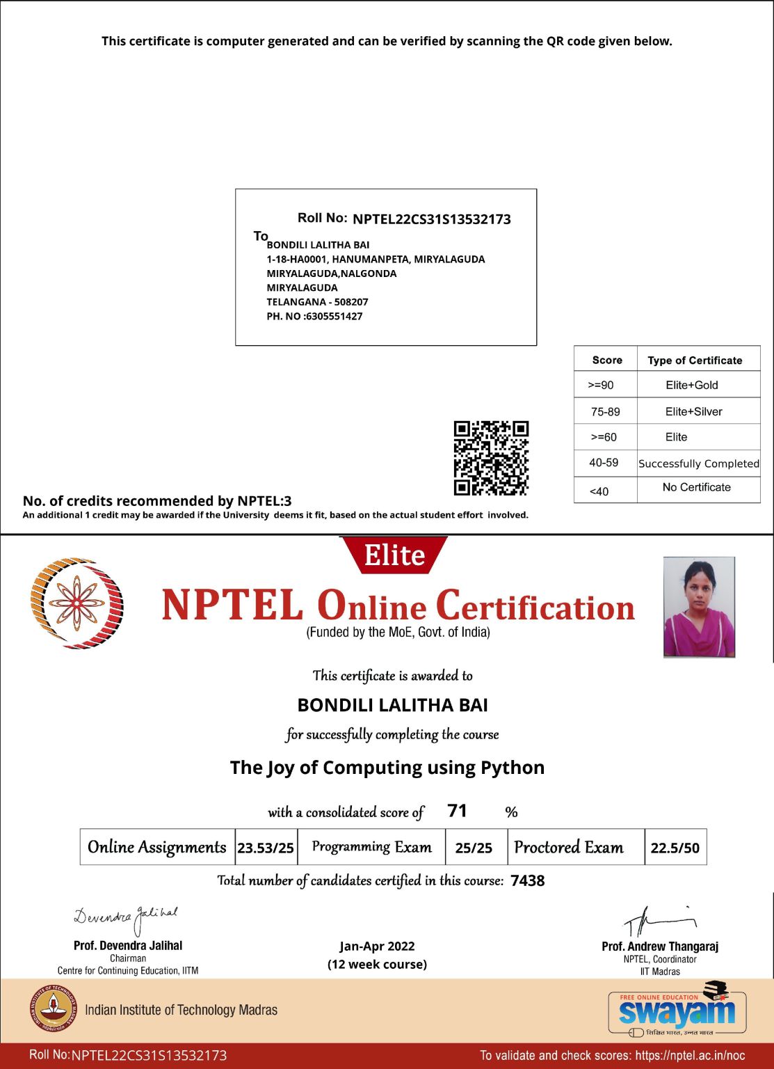 Lalitha Bai Bondili on LinkedIn: NPTEL - PYTHON certificate Lalitha Bai Bondili on LinkedIn: NPTEL - PYTHON certificate