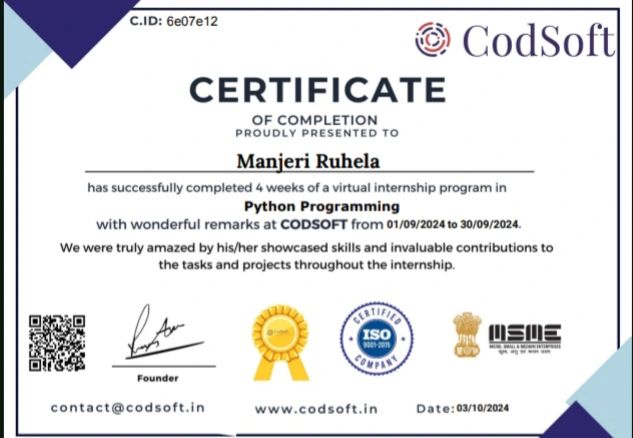 Manjeri Ruhela on LinkedIn: #python #codsoft #internship #techjourney # ... Manjeri Ruhela on LinkedIn: #python #codsoft #internship #techjourney # ...