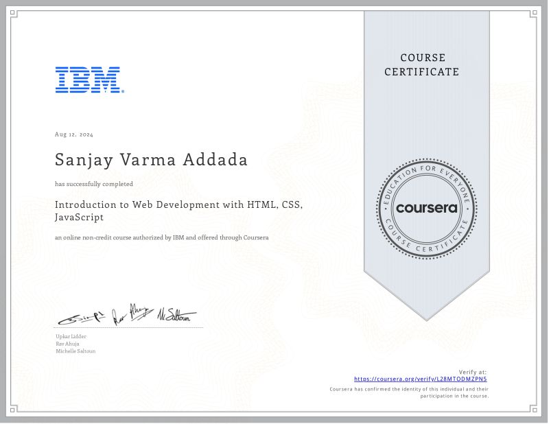 Sanjay Varma Addada on LinkedIn: #html #css #javascript #ibm #coursera Sanjay Varma Addada on LinkedIn: #html #css #javascript #ibm #coursera