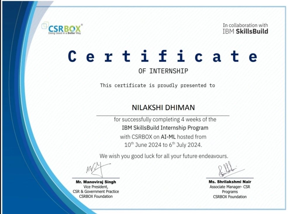 Nilakshi Dhiman on LinkedIn: #ibm #csrbox #internship Nilakshi Dhiman on LinkedIn: #ibm #csrbox #internship