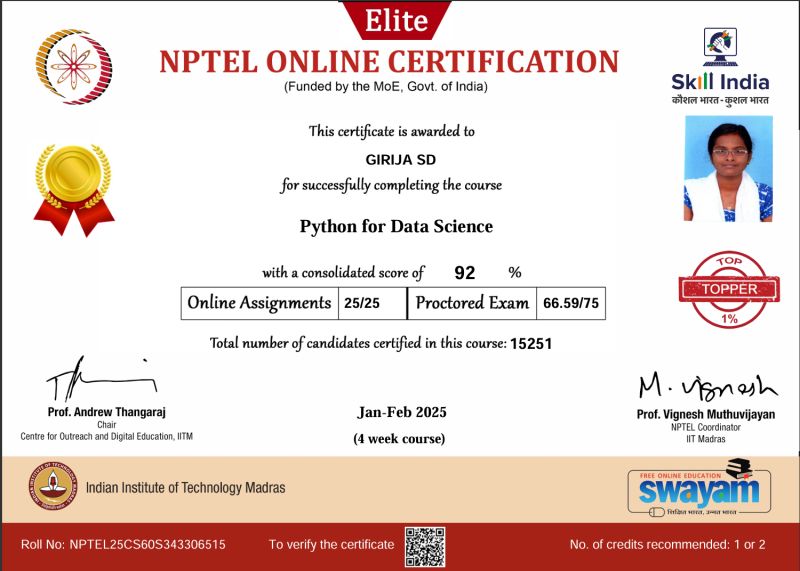 #python #datascience #nptel #iitmadras | Girija SD #python #datascience #nptel #iitmadras | Girija SD