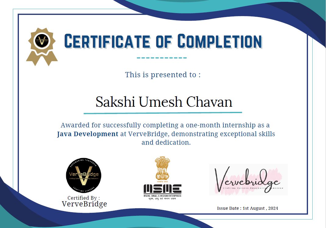 Sakshi chavan on LinkedIn: #javadevelopment #vervebridge #internship Sakshi chavan on LinkedIn: #javadevelopment #vervebridge #internship