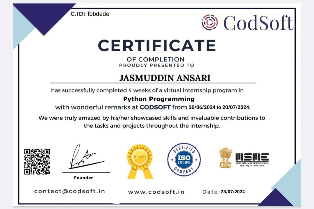 Jasmuddin Ansari on LinkedIn: #python #programming #internship #codsoft ... Jasmuddin Ansari on LinkedIn: #python #programming #internship #codsoft ...