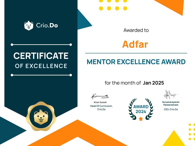 Honored to receive the Mentor of the Month appreciation from Crio.Do ... Honored to receive the Mentor of the Month appreciation from Crio.Do ...