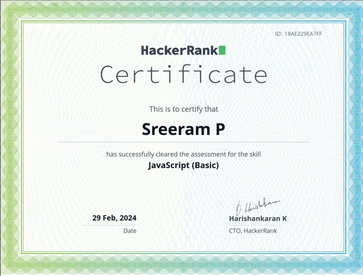 Finished HackerRank Skill Certification in JavaScript | Sreeram P ... Finished HackerRank Skill Certification in JavaScript | Sreeram P ...