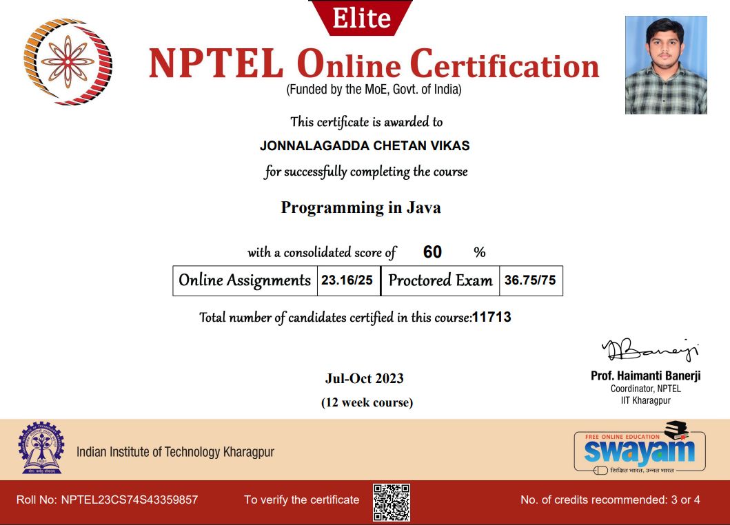 J. Chetan Vikas on LinkedIn: #nptel #java #programming #certification # ... J. Chetan Vikas on LinkedIn: #nptel #java #programming #certification # ...