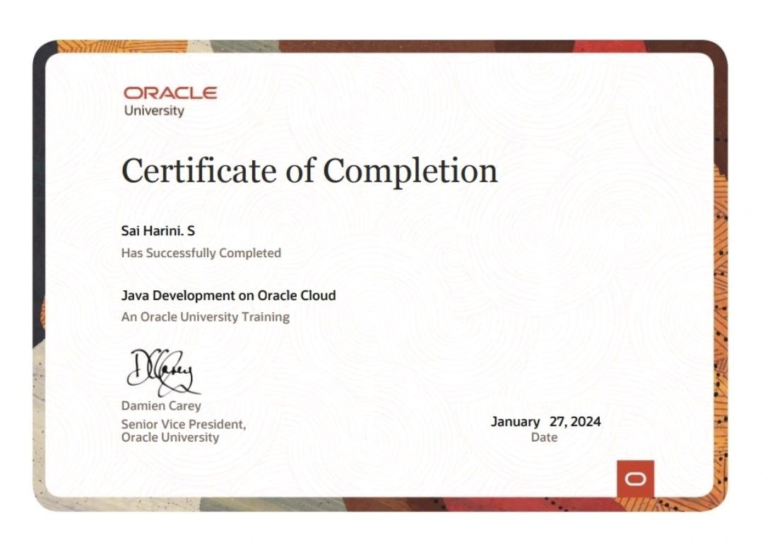 #oracleslscertificate #javajourney | Sai Harini S #oracleslscertificate #javajourney | Sai Harini S