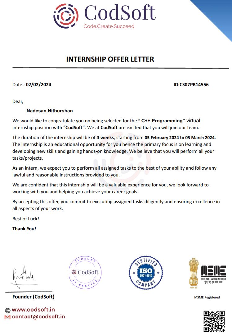 Nithurshan Nadesan on LinkedIn: #codsoft #internship #cplusplus # ... Nithurshan Nadesan on LinkedIn: #codsoft #internship #cplusplus # ...