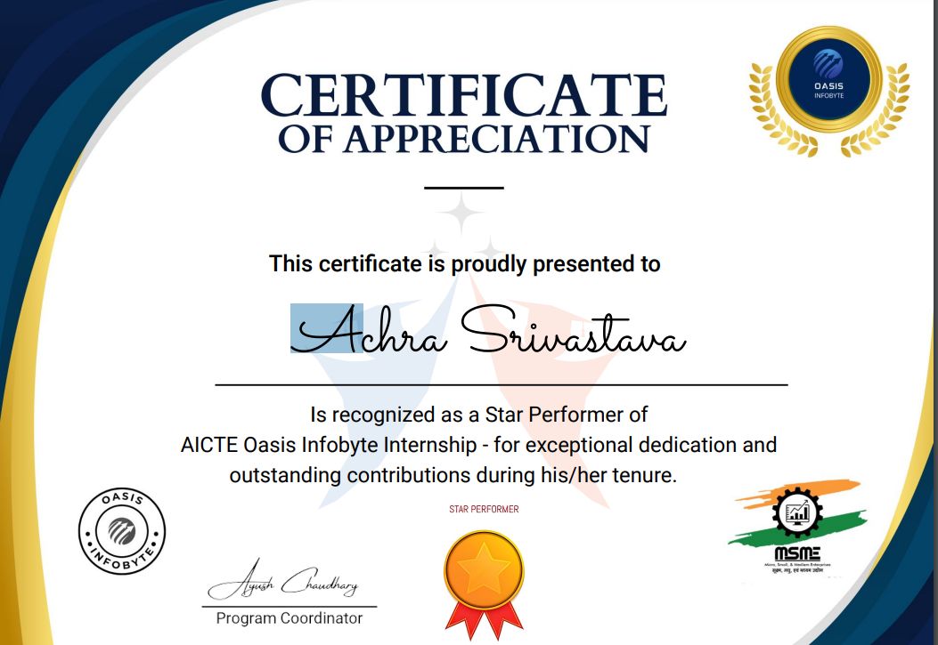 Achra Srivastava on LinkedIn: #oasisinfobyteinternship #oasisinfobyte # ... Achra Srivastava on LinkedIn: #oasisinfobyteinternship #oasisinfobyte # ...
