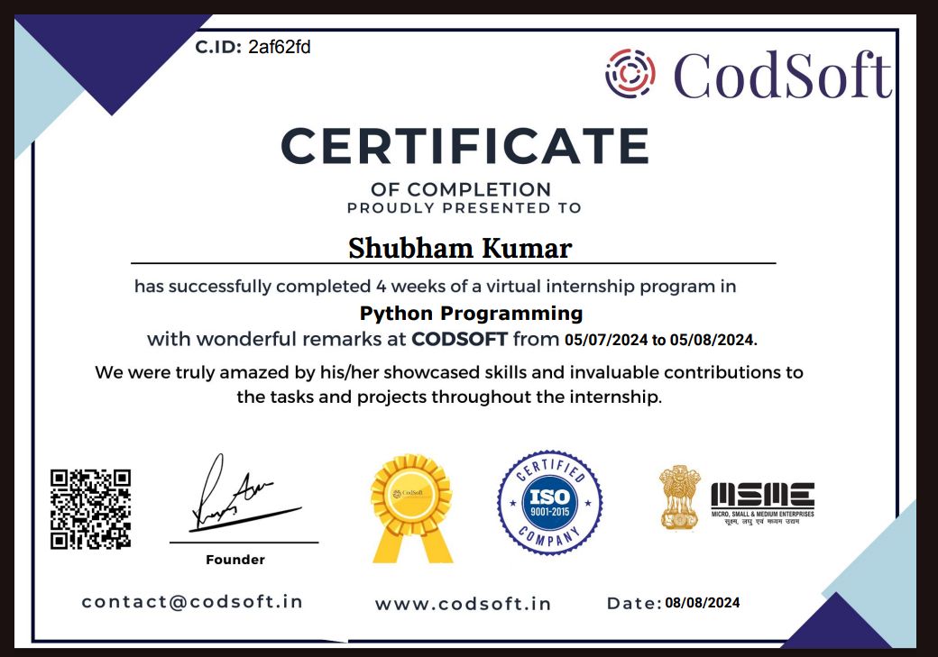 Shubham Kumar on LinkedIn: #codesoft #cip #internship Shubham Kumar on LinkedIn: #codesoft #cip #internship