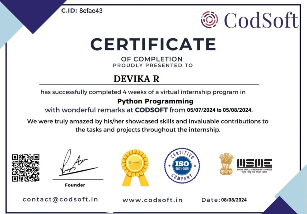 Devika R on LinkedIn: #codsoft #python #internship Devika R on LinkedIn: #codsoft #python #internship