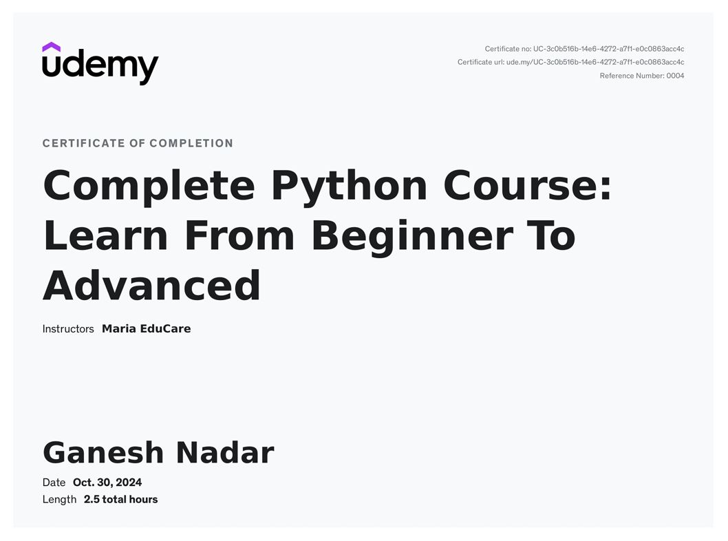 #pythonprogramming #certificate #learningjourney #growth | Ganesh Nadar #pythonprogramming #certificate #learningjourney #growth | Ganesh Nadar