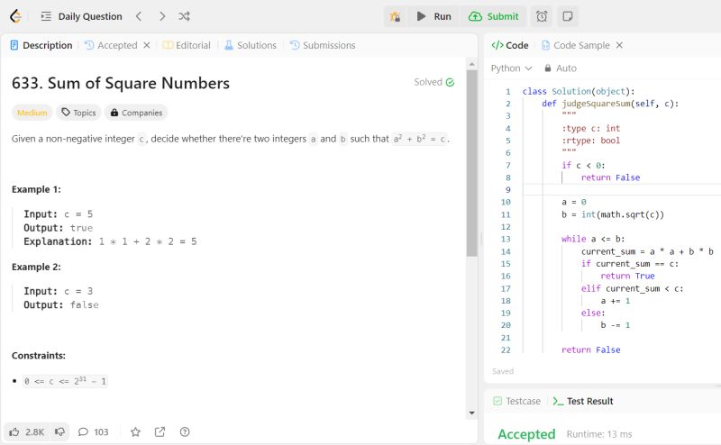 LeetCode 633: Sum of Square Numbers | Pavankumar Pattar posted on the ... LeetCode 633: Sum of Square Numbers | Pavankumar Pattar posted on the ...