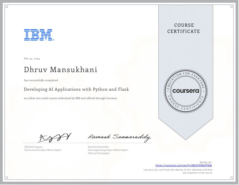 Completed a course on developing AI applications with Flask | Dhruv ... Completed a course on developing AI applications with Flask | Dhruv ...