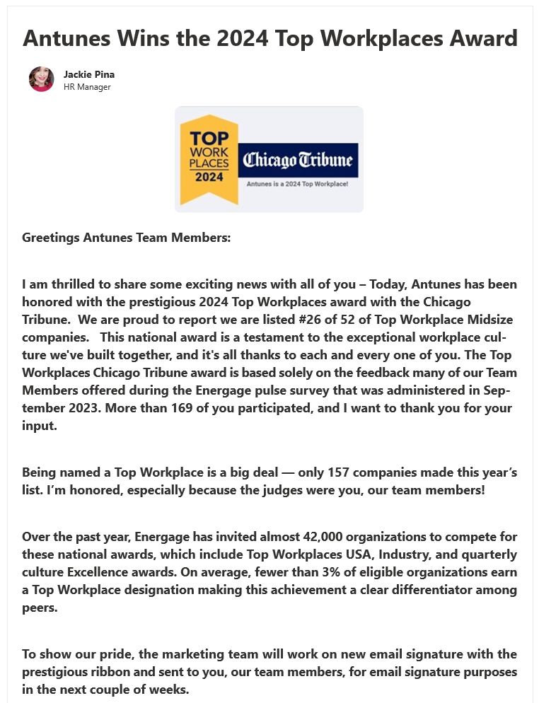 Jacqueline Pina on LinkedIn: Antunes Wins the 2024 Top Workplaces Award Jacqueline Pina on LinkedIn: Antunes Wins the 2024 Top Workplaces Award