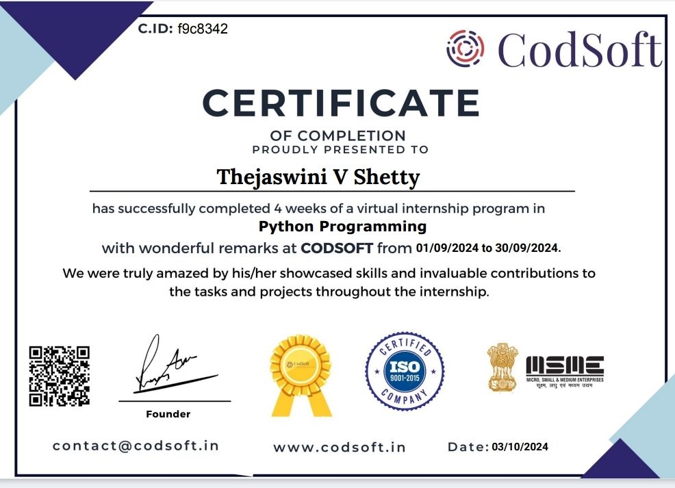 Thejaswini V Shetty on LinkedIn: #codesoft #python #internship Thejaswini V Shetty on LinkedIn: #codesoft #python #internship