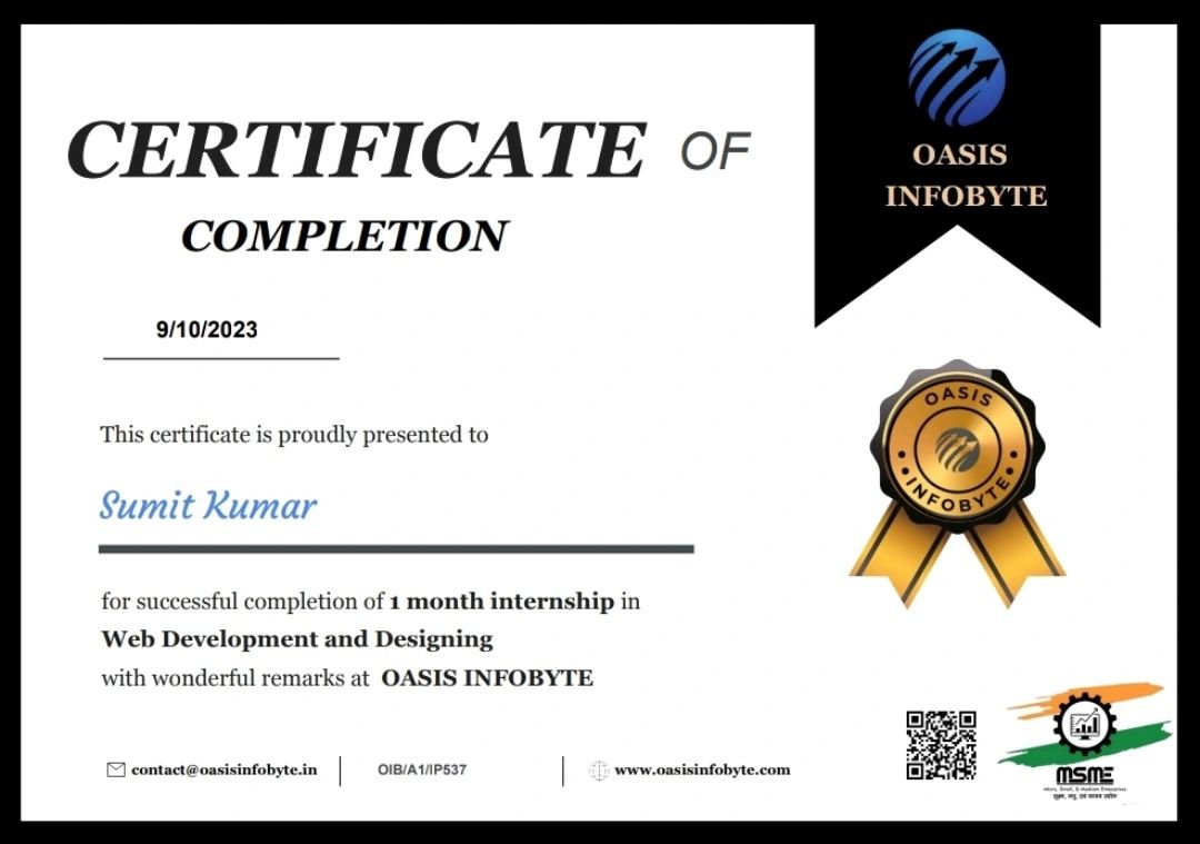Sumit Kumar on LinkedIn: #oasisinfobyte #oibsip #internshipcomplete # ... Sumit Kumar on LinkedIn: #oasisinfobyte #oibsip #internshipcomplete # ...