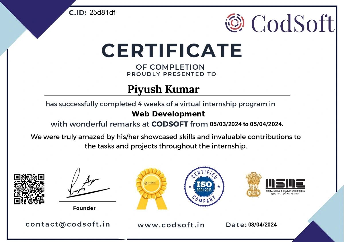 #codsoft | PIYUSH KUMAR #codsoft | PIYUSH KUMAR
