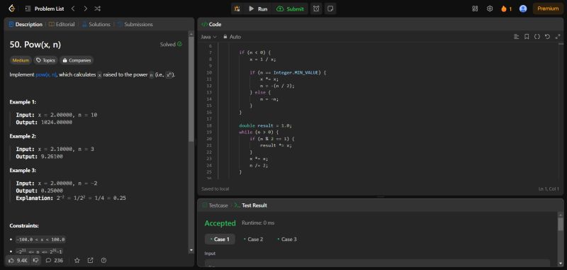 LeetCode challenge: Pow(x, n) | Kavya Mittal posted on the topic | LinkedIn LeetCode challenge: Pow(x, n) | Kavya Mittal posted on the topic | LinkedIn