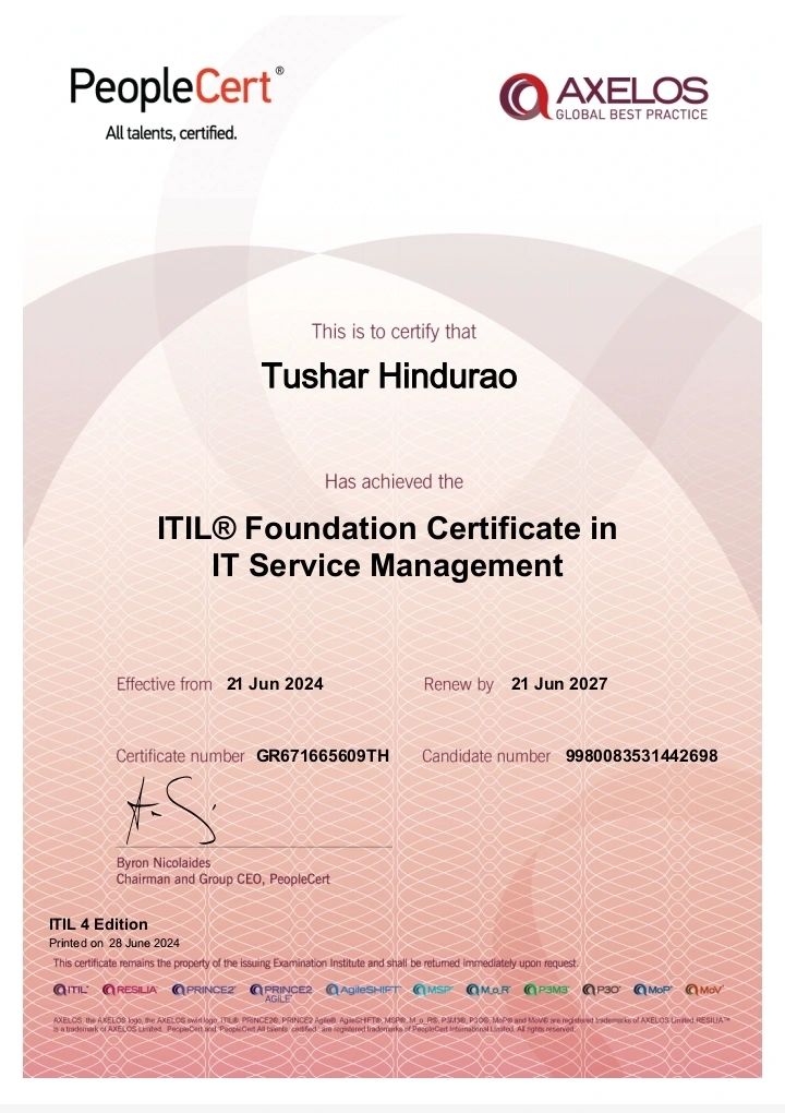 Tushar M. Hindurao on LinkedIn: Completed ITIL 4 Certification...!!! Tushar M. Hindurao on LinkedIn: Completed ITIL 4 Certification...!!!