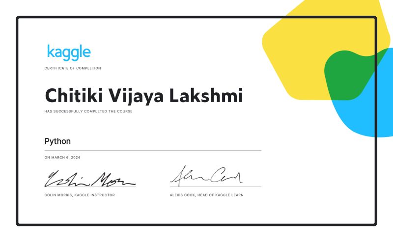 Completed Python course on Kaggle! | CHITIKI VIJAYA LAKSHMI posted on ... Completed Python course on Kaggle! | CHITIKI VIJAYA LAKSHMI posted on ...