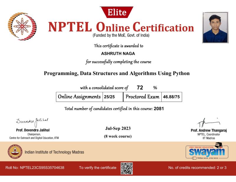 Completed NPTEL course on Programming, Data Structures, and Algorithms ... Completed NPTEL course on Programming, Data Structures, and Algorithms ...